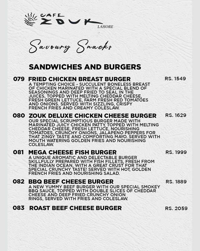 Cafe Zouk Menu in Lahore | Rated 4 | (Dec, 2025)