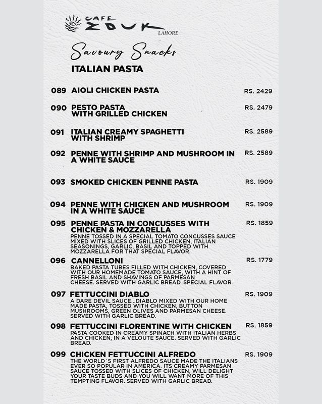 Cafe Zouk Menu in Lahore | Rated 4 | (Dec, 2025)