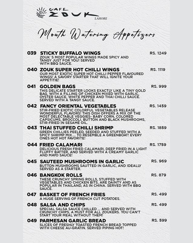 Cafe Zouk Menu in Lahore | Rated 4 | (Dec, 2025)