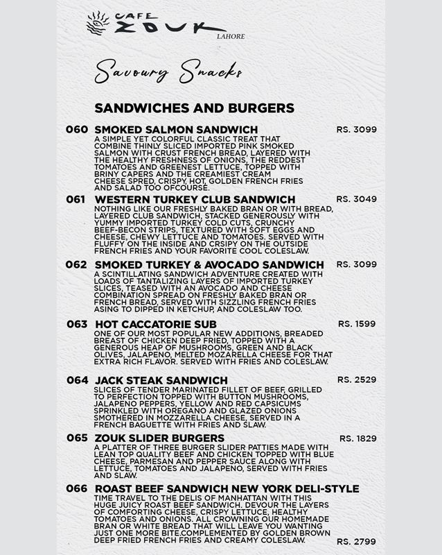Cafe Zouk Menu in Lahore | Rated 4 | (Dec, 2025)