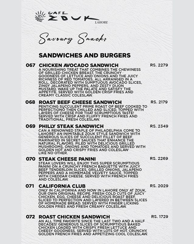 Cafe Zouk Menu in Lahore | Rated 4 | (Dec, 2025)